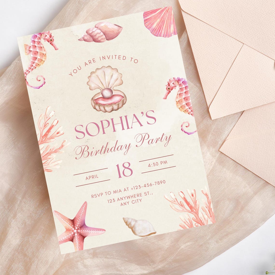Editable Rose Gold Pink Ocean Themed Birthday Invite, Sea Shells ...