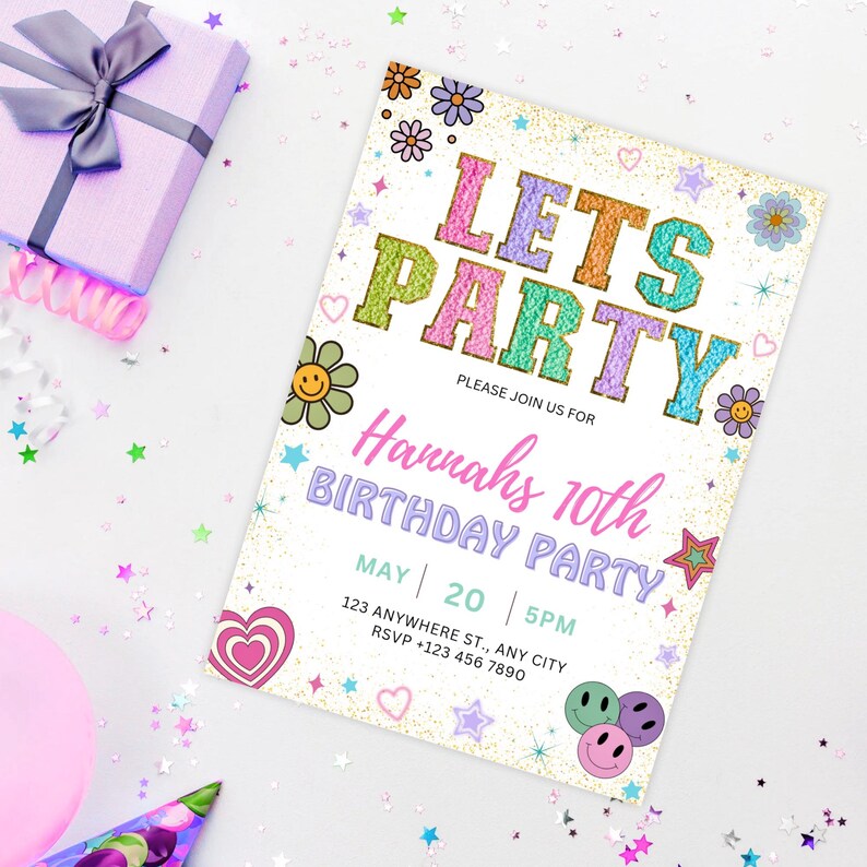 Preppy Patch Letter Birthday Invitation: Glitter Party, Editable Canva ...