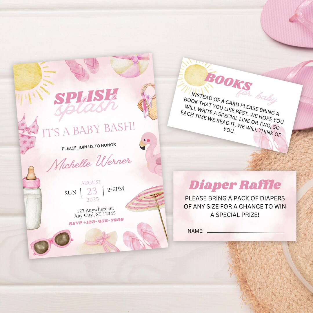 Splish Splash Baby Girl Shower Invitation Set | Pink Pool Party Baby ...