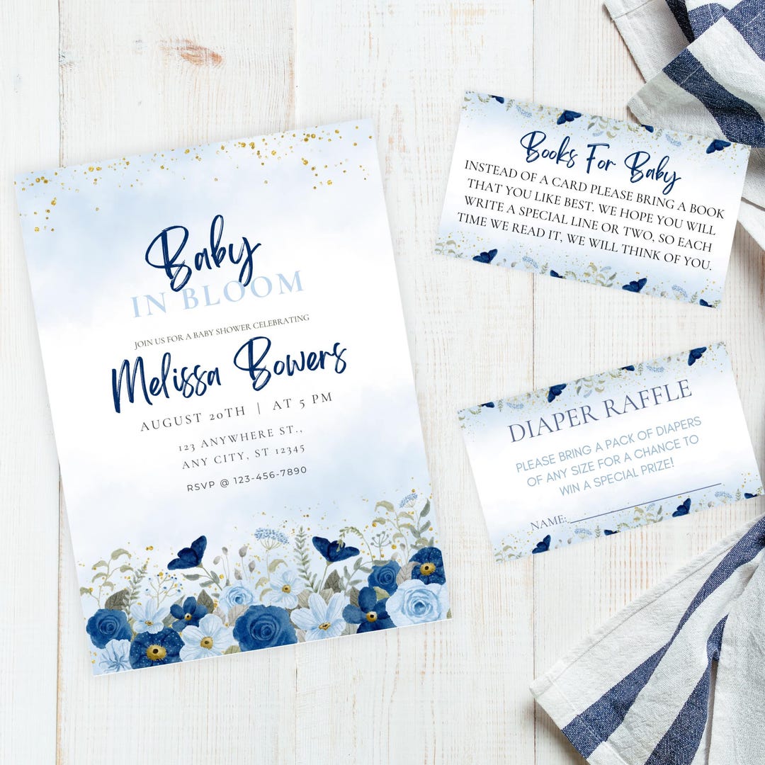 Blue Floral Baby in Bloom Baby Shower Invitation, Baby in Boom, Baby ...