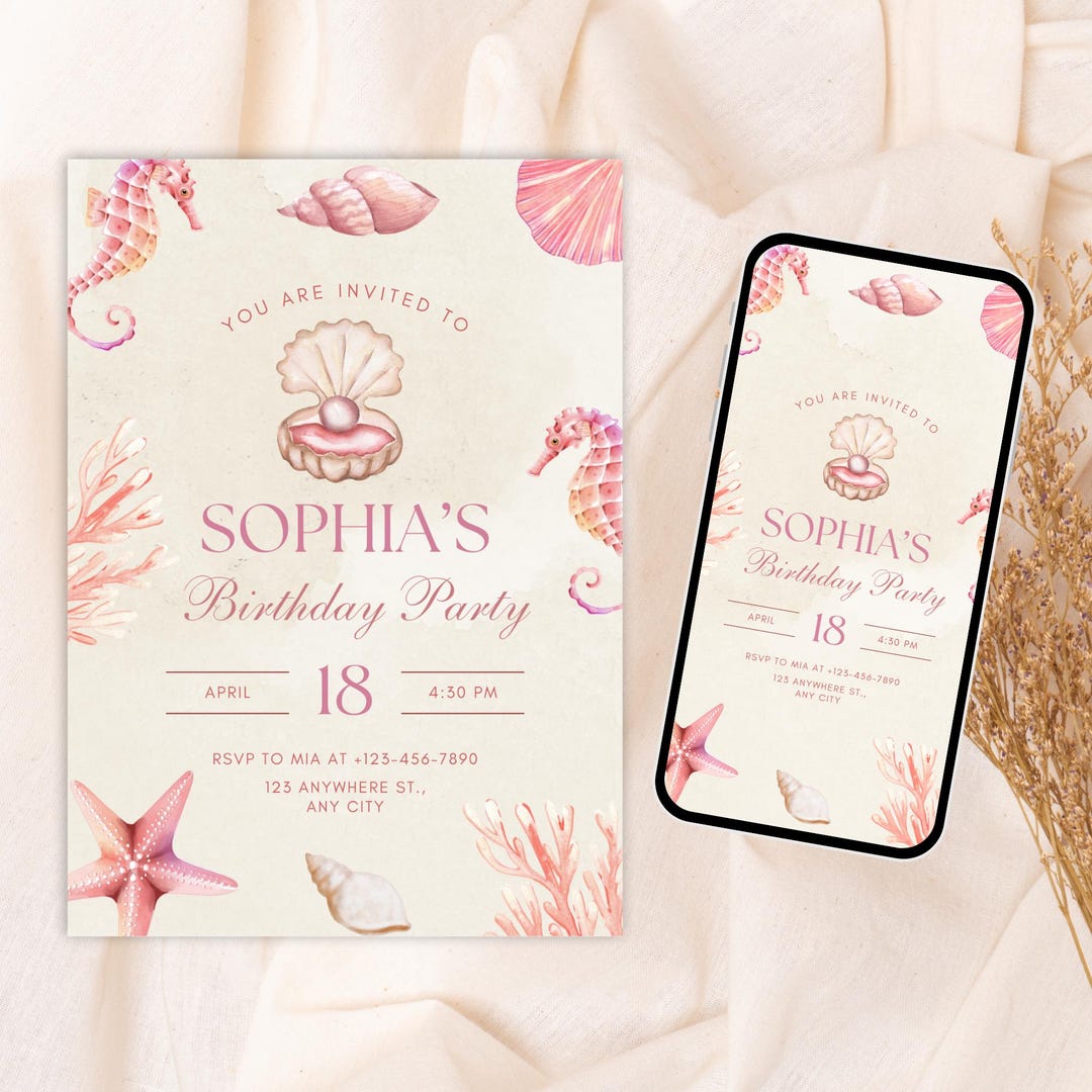 Editable Rose Gold Pink Ocean Themed Birthday Invite, Sea Shells ...