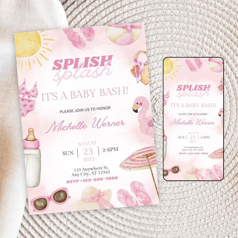 Splish Splash Baby Girl Shower Invitation Set | Pink Pool Party Baby ...