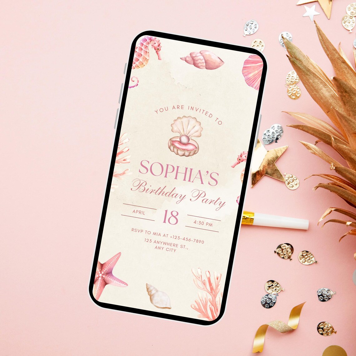 Editable Rose Gold Pink Ocean Themed Birthday Invite, Sea Shells ...
