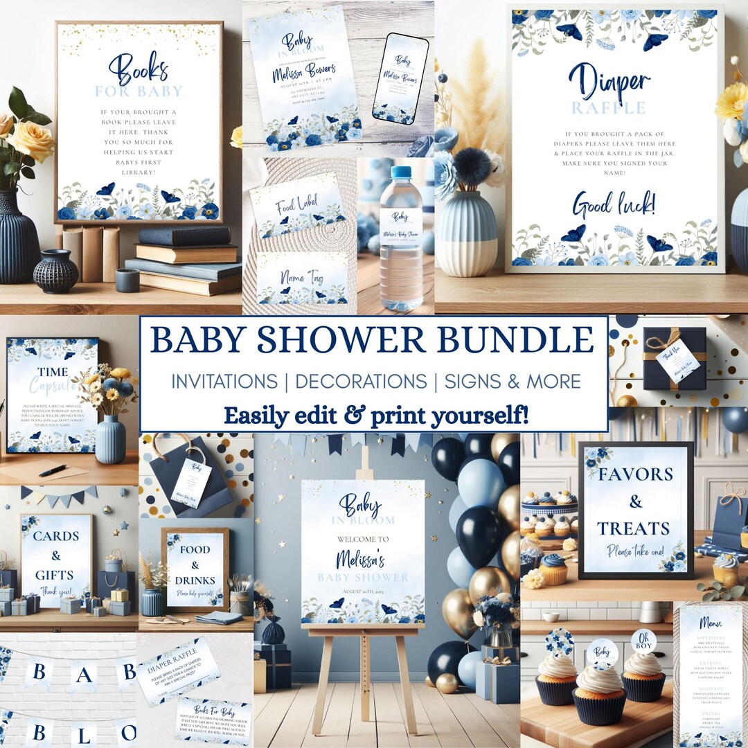 Editable Baby in Bloom Baby Shower Bundle, Blue Floral Baby Shower ...