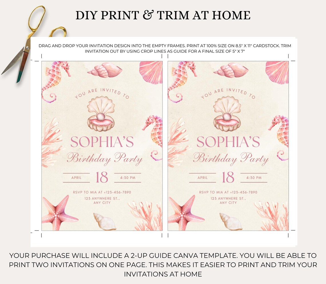 Editable Rose Gold Pink Ocean Themed Birthday Invite, Sea Shells ...