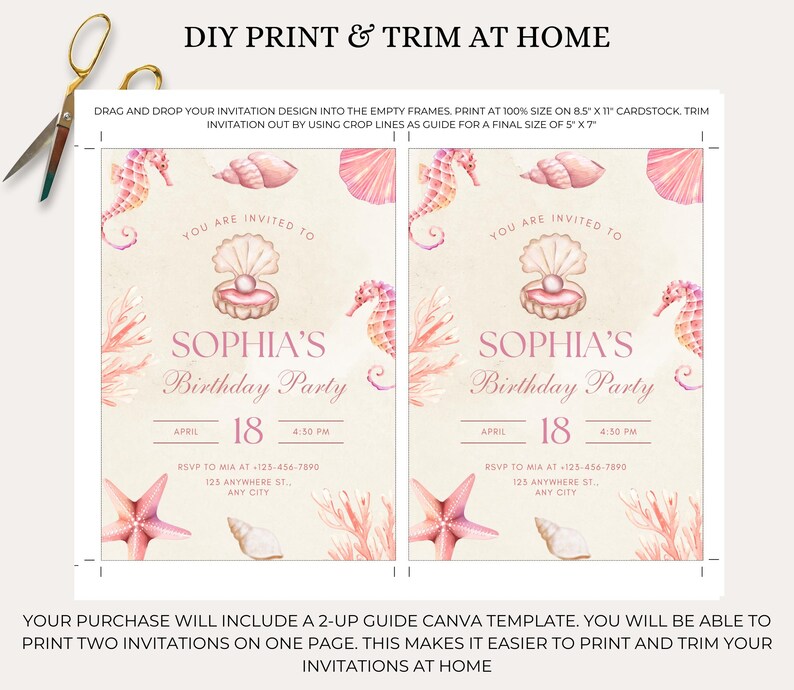 Editable Rose Gold Pink Ocean Themed Birthday Invite, Sea Shells ...