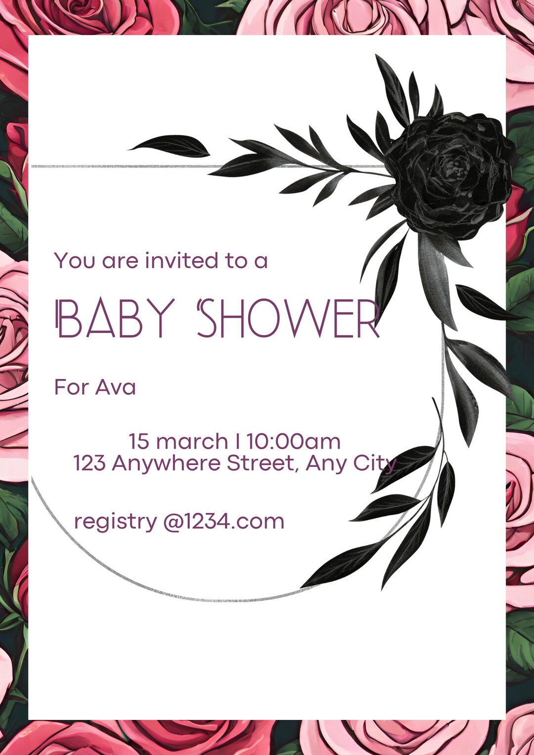 Editable Black & Rose Themed Baby Shower Invitations, Games, Table Signs, Four Art Prints ...