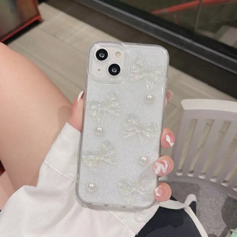 Glitter Bow Pearl Clear Phone Case Coquette iPhone 14 13 12 11 Pro Max ...