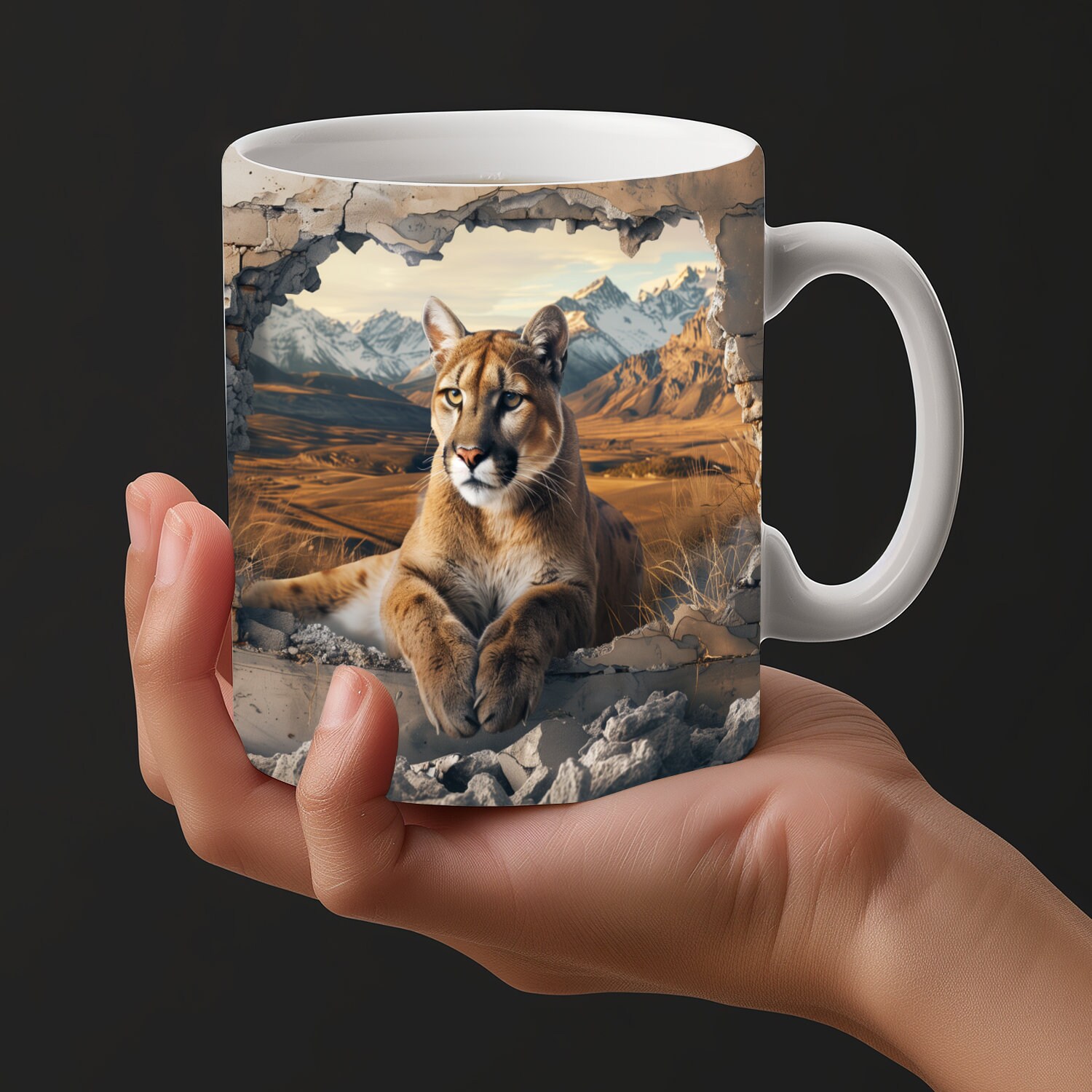 3D Cougar Mug Wrap, Mountain Lion Sublimation Designs, Cougar Hole in a ...