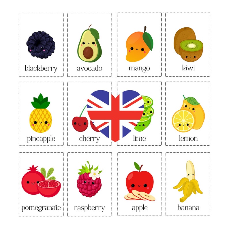 Fruit Flashcards English White Background Cute Pictures Printables PDF ...