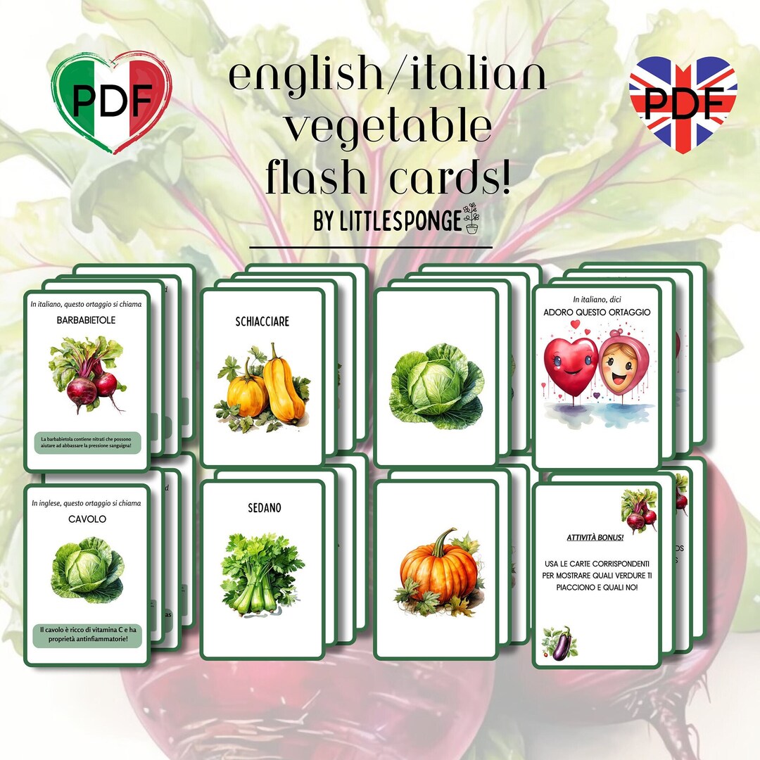 Vegetable Flashcards Package Italian to English Printables PDF Digital ...