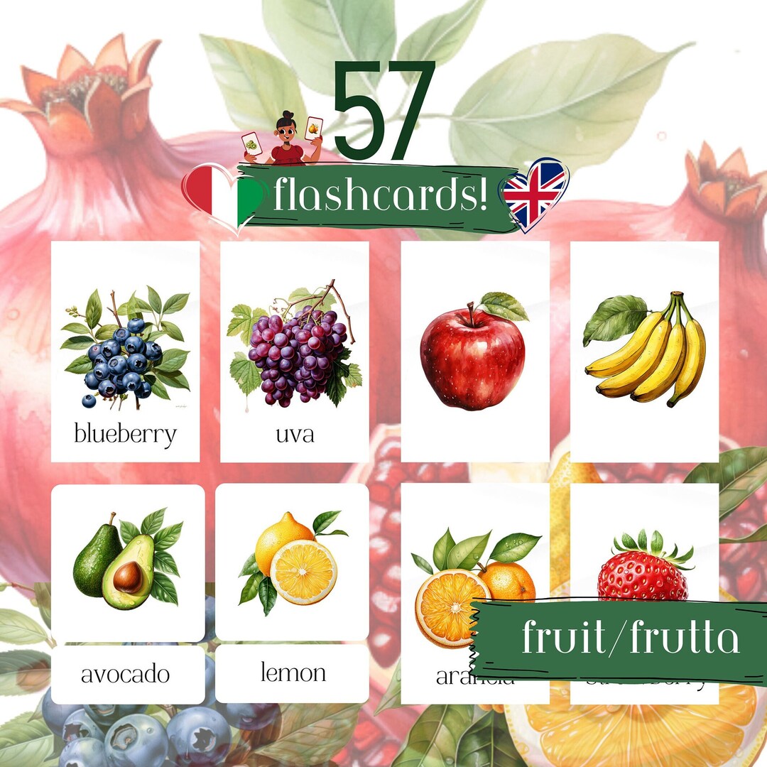 Fruit Flashcards Package Italian to English White Background Italiana ...