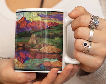 Stained Glass Mountain Pattern Mug Stained Glass Landscape Coffee Mug ...