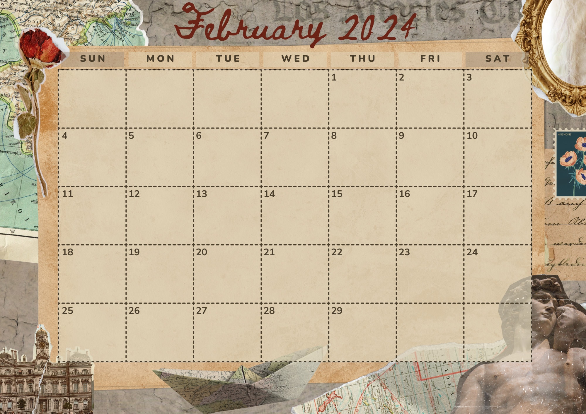 Vintage February 2024 Calendar A4 PRINTABLE DOWNLOADABLE Dark Academia ...