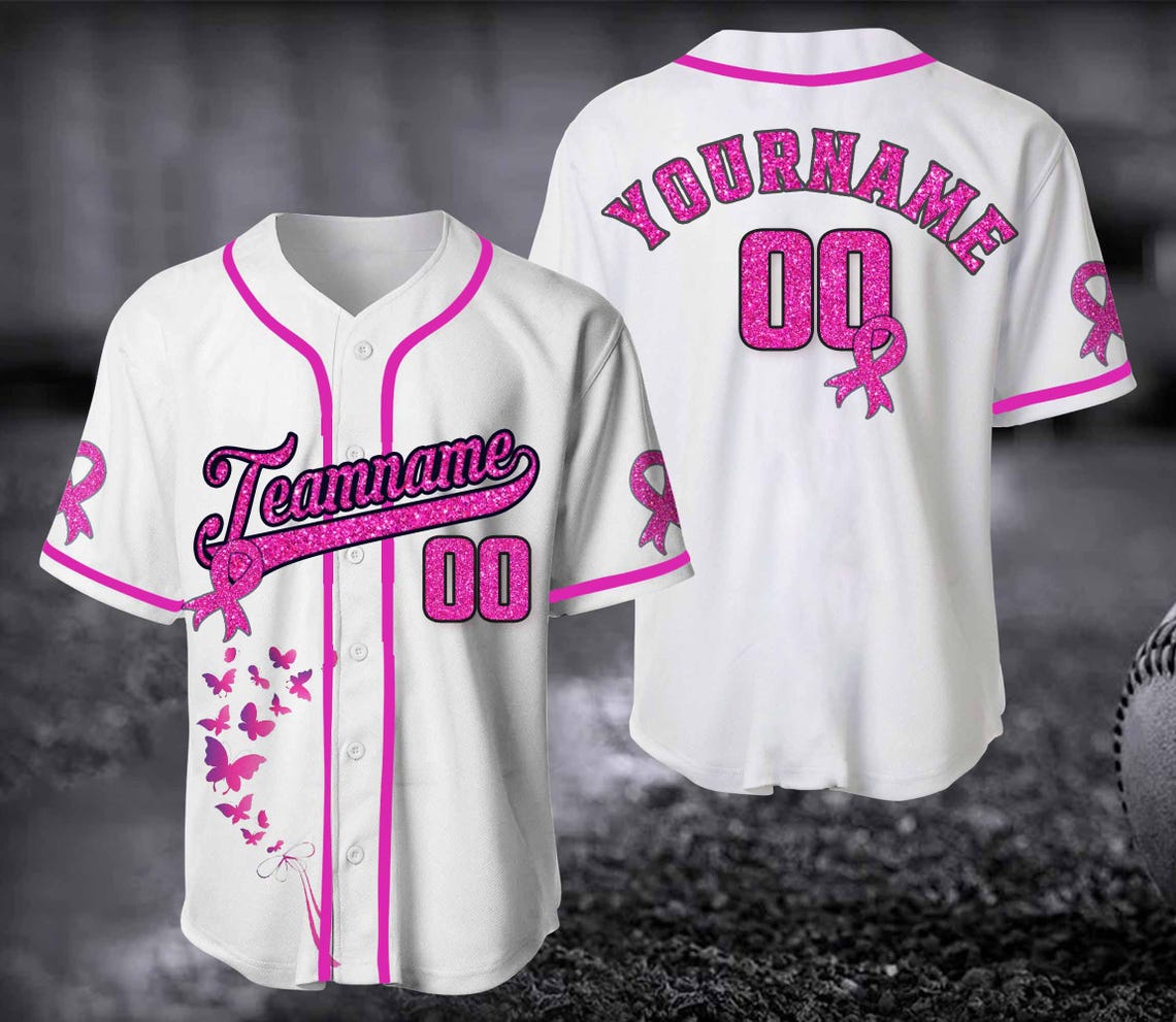 Custom Name Breast Cancer Awareness Baseball Jersey, Faux Glitter Pink ...