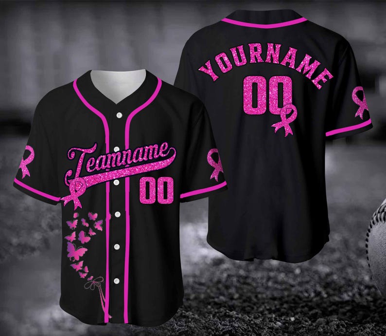 Custom Name Breast Cancer Awareness Baseball Jersey, Faux Glitter Pink ...