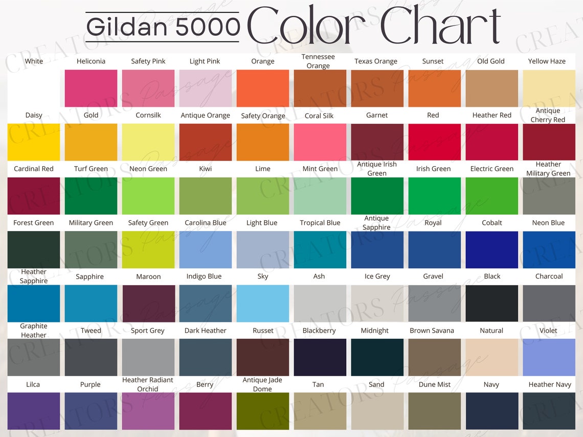 Gildan 5000 Color Chart G500 T-shirt Color Chart Gildan 5000 - Etsy