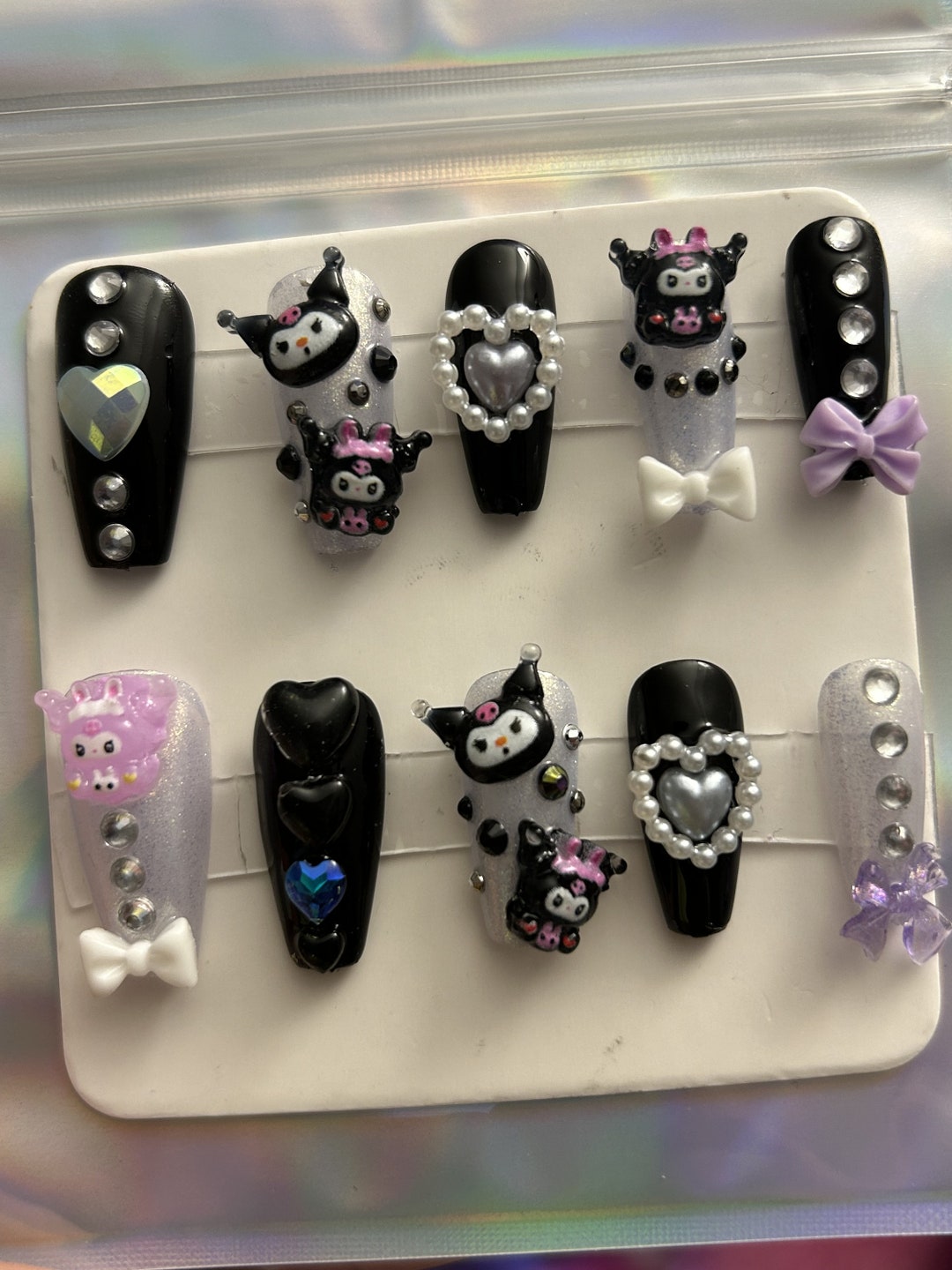 Cute Black And Silver Kawaii Kuromi Inspired Nails Etsy