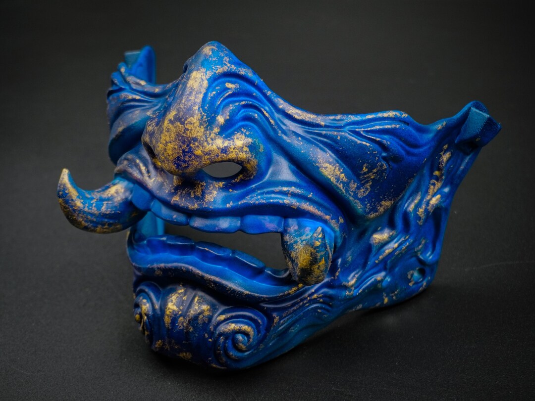 Samurai Blue Golden Oni Mask, Hannya Mask, Japanese Mask, Hand Painted ...