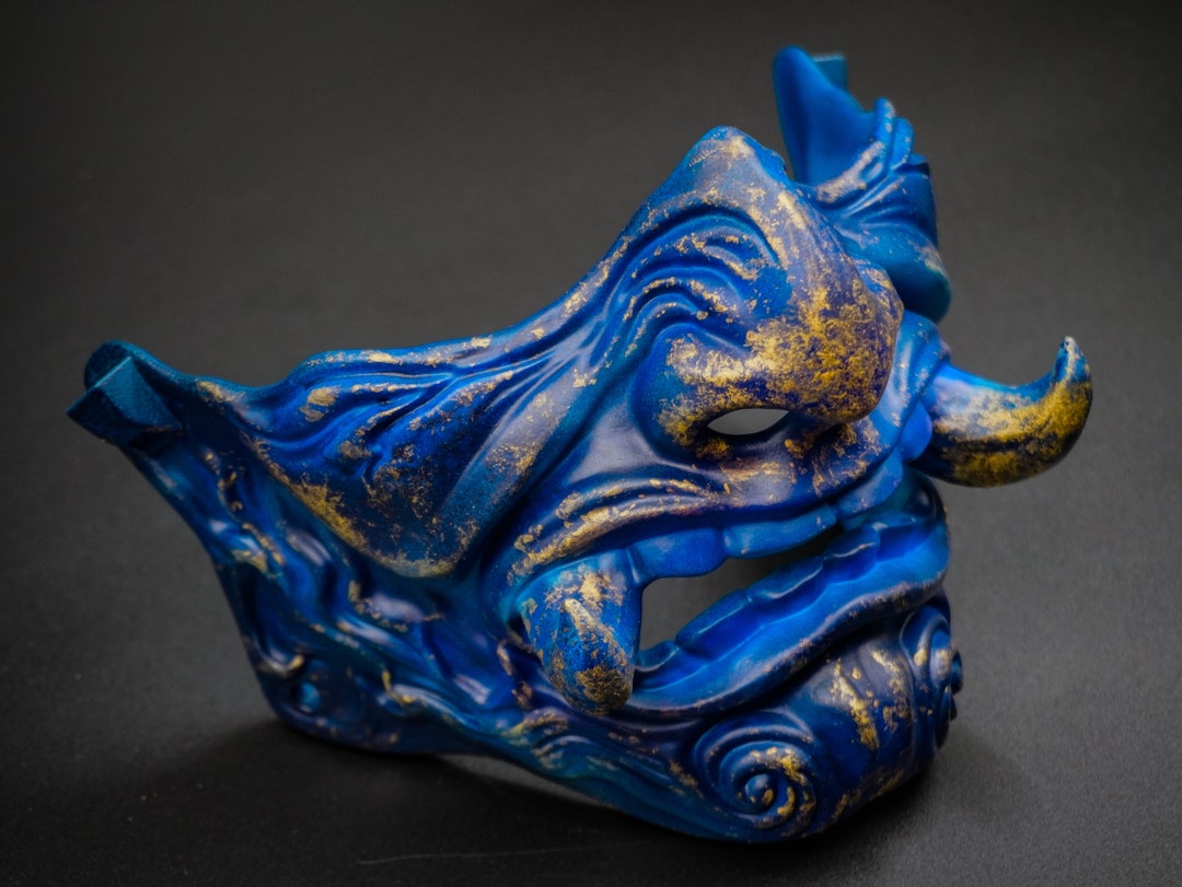 Samurai Blue Golden Oni Mask, Hannya Mask, Japanese Mask, Hand Painted ...