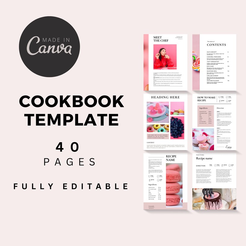 Pink Cookbook Template, Fully Editable Recipe Book, Digital Cookbook ...