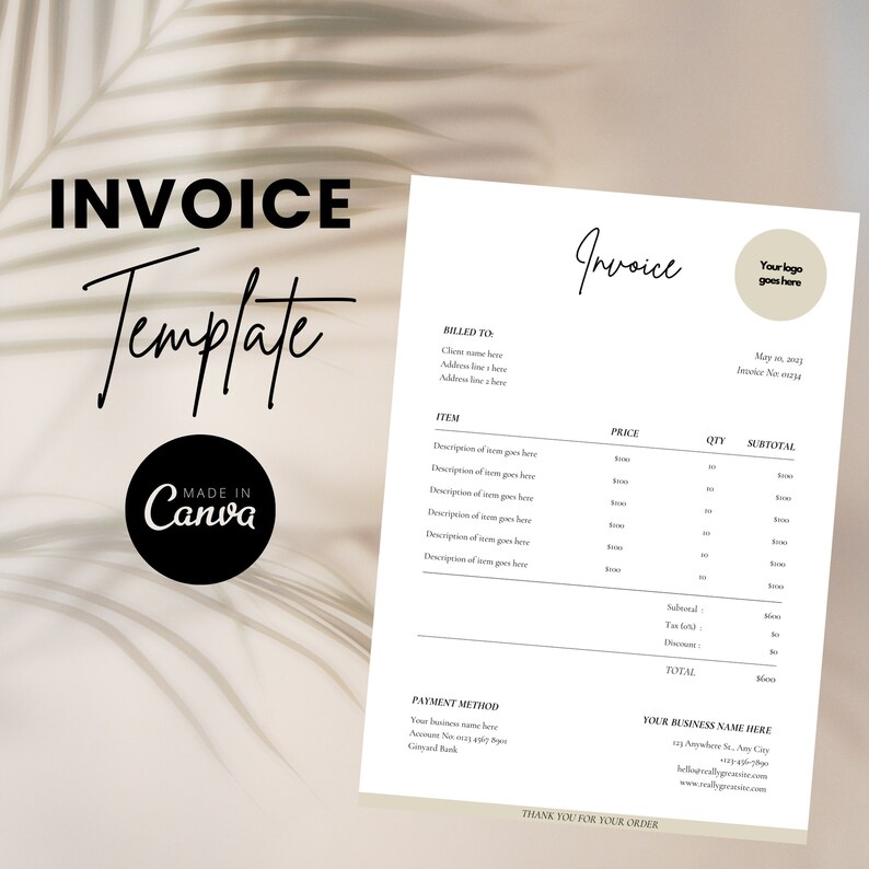Invoice Template, Editable Invoice Template Canva, Custom Order Form ...