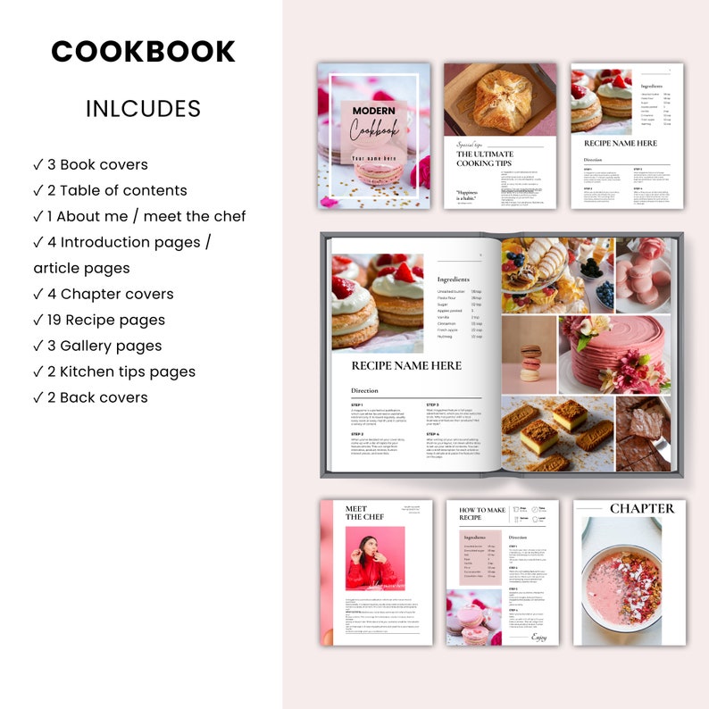 Pink Cookbook Template, Fully Editable Recipe Book, Digital Cookbook ...