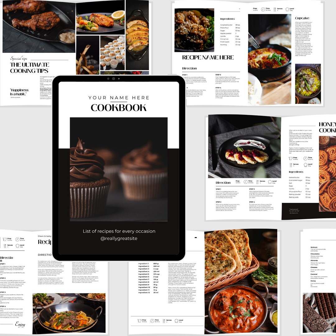 Cookbook Template, Modern Black Minimalistic Digital Cookbook Book ...