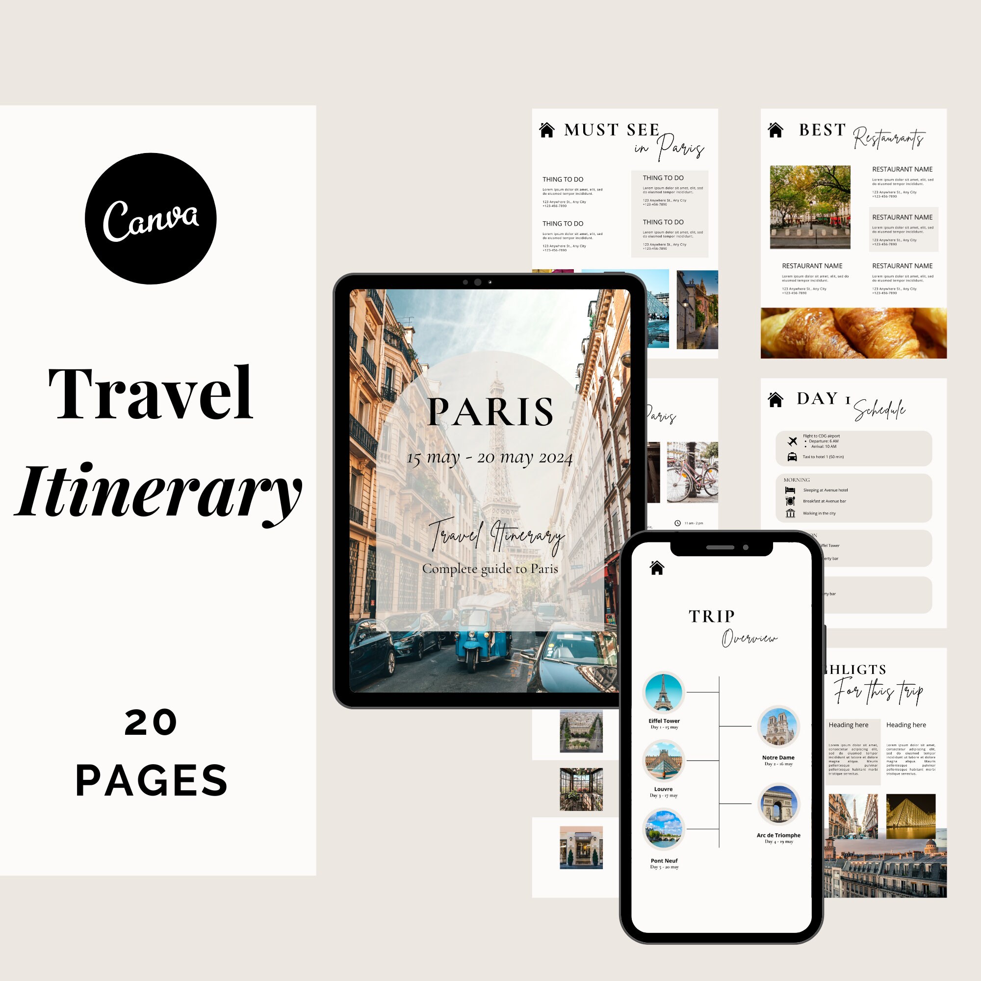 Travel Itinerary Template, Digital Travel Planner, Printable Travel ...