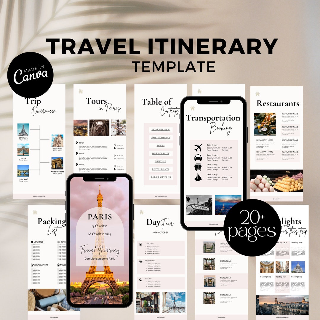 Editable Travel Itinerary Template Canva, Travel Planner Printable ...