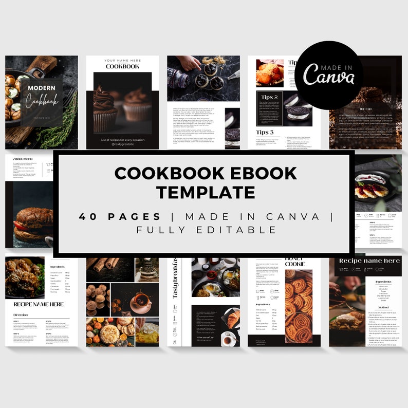 Cookbook Template, Modern Black Minimalistic Digital Cookbook Book ...