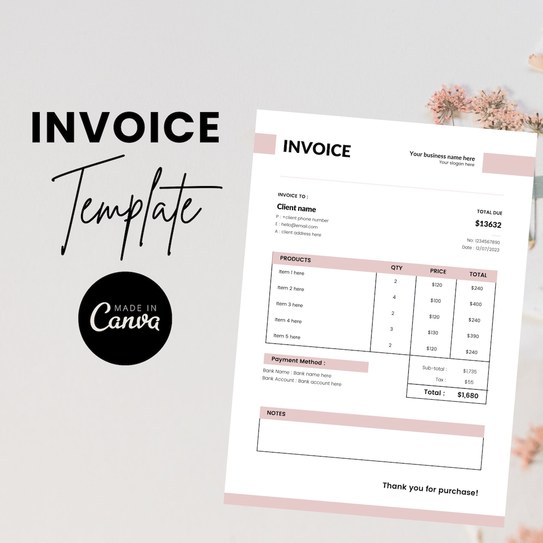 Invoice Template, Editable Invoice Template Canva, Custom Order Form ...