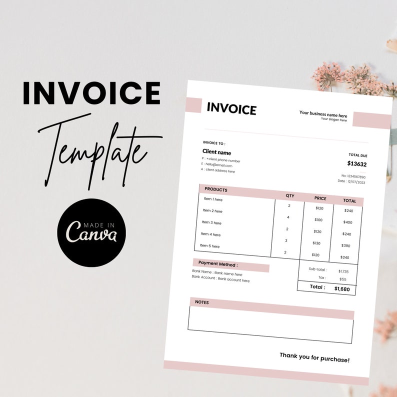 Invoice Template, Editable Invoice Template Canva, Custom Order Form ...