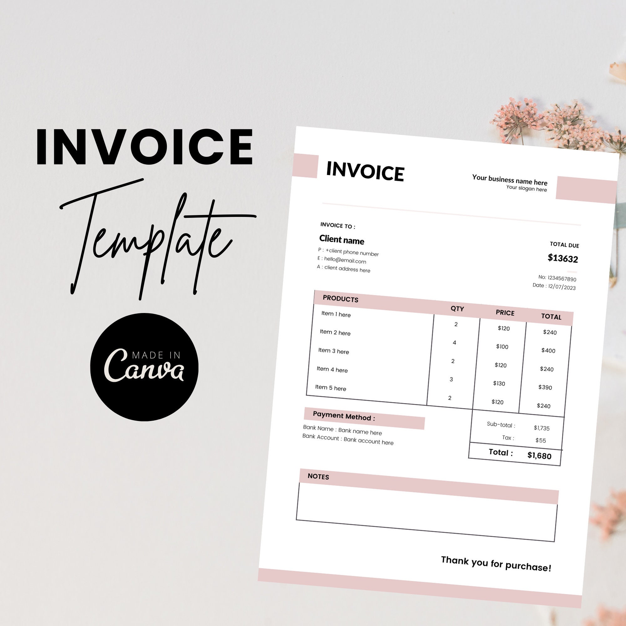 Invoice Template, Editable Invoice Template Canva, Custom Order Form ...