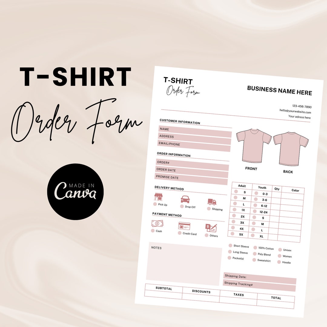 T-shirt Order Form, Printable Small Business Order Form Template ...
