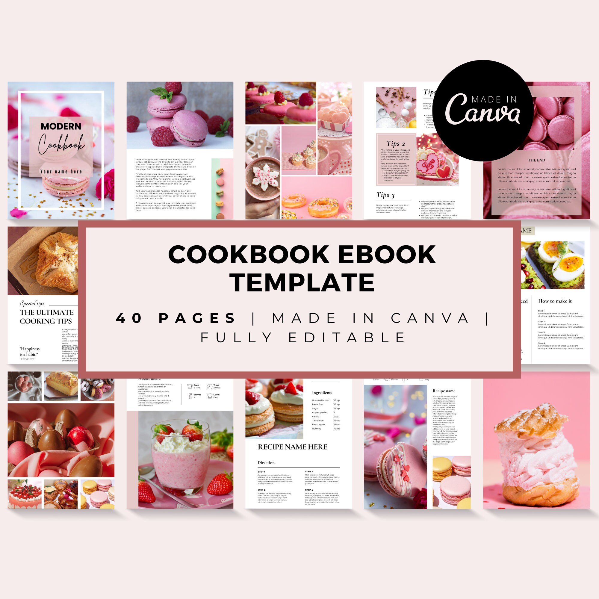 Pink Cookbook Template, Fully Editable Recipe Book, Digital Cookbook ...