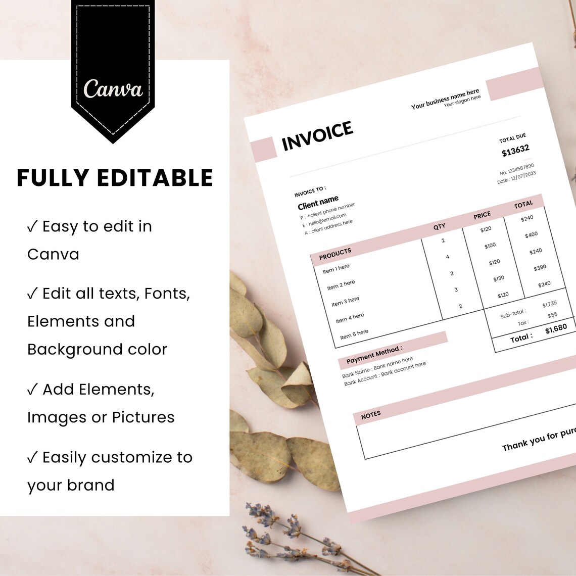 Invoice Template, Editable Invoice Template Canva, Custom Order Form ...