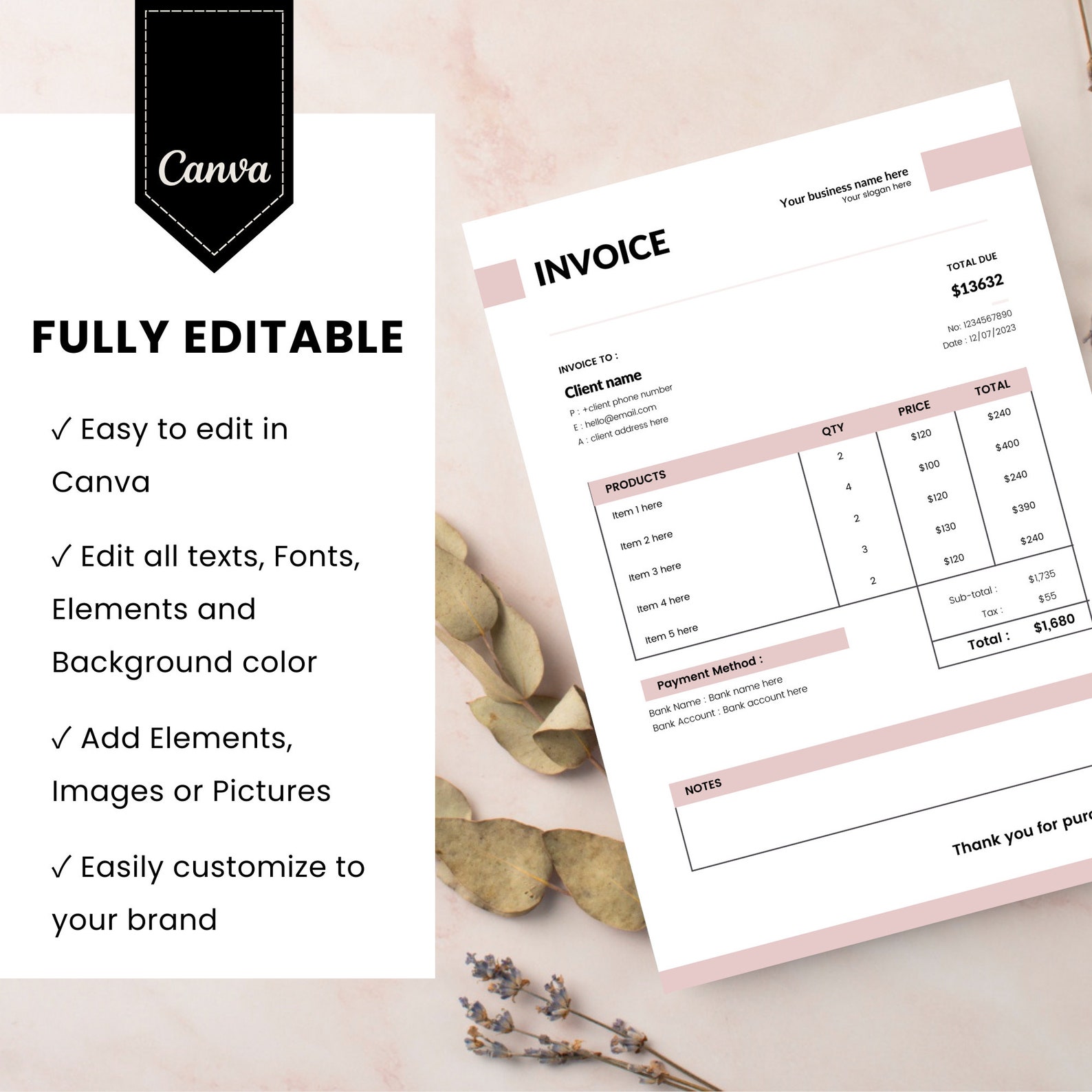 Invoice Template, Editable Invoice Template Canva, Custom Order Form ...
