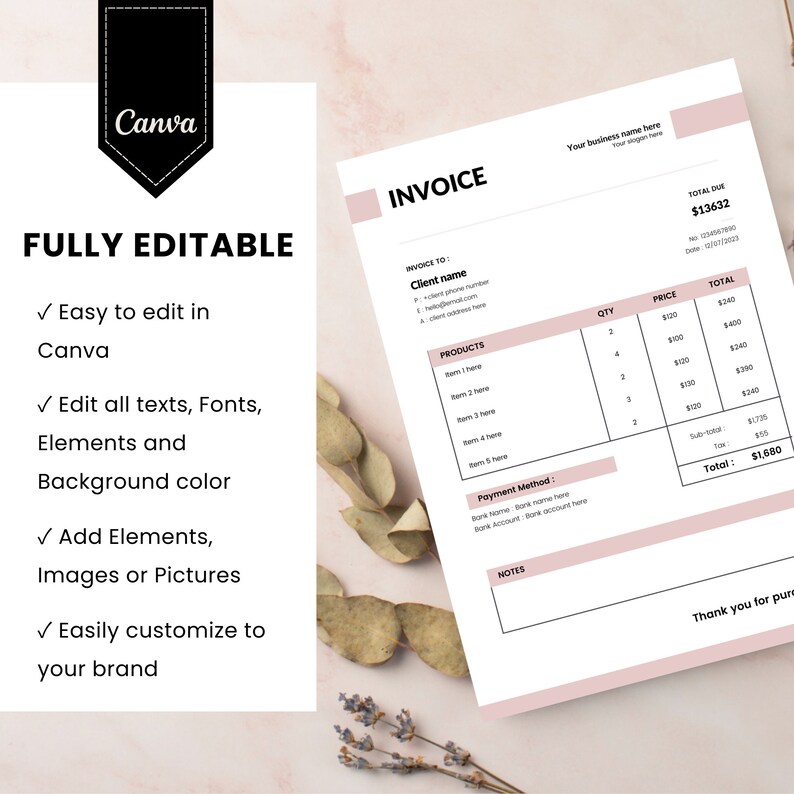 Invoice Template, Editable Invoice Template Canva, Custom Order Form ...