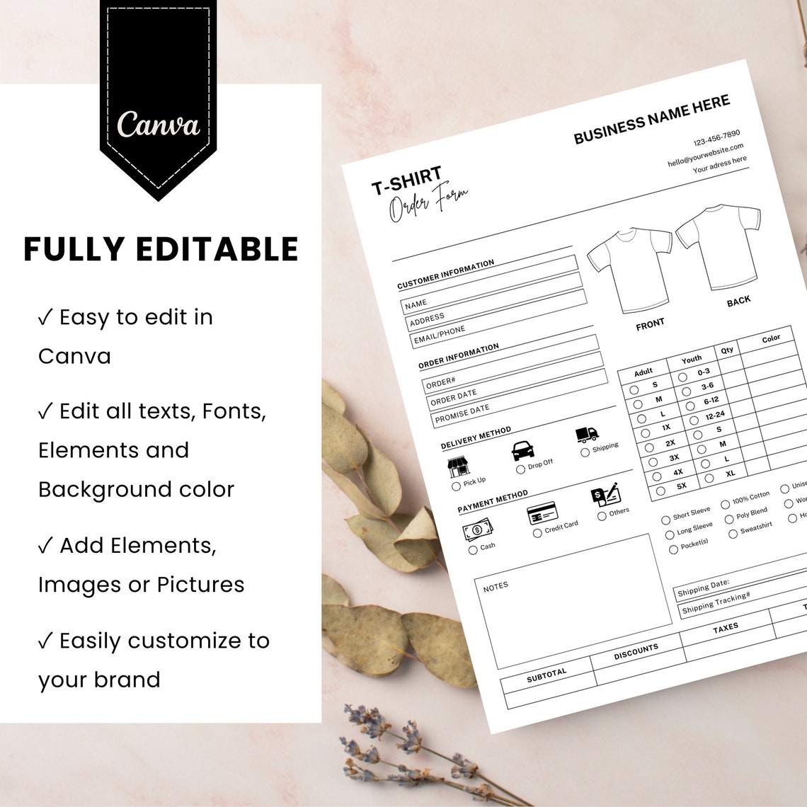 T-shirt Order Form, Printable Small Business Order Form Template ...