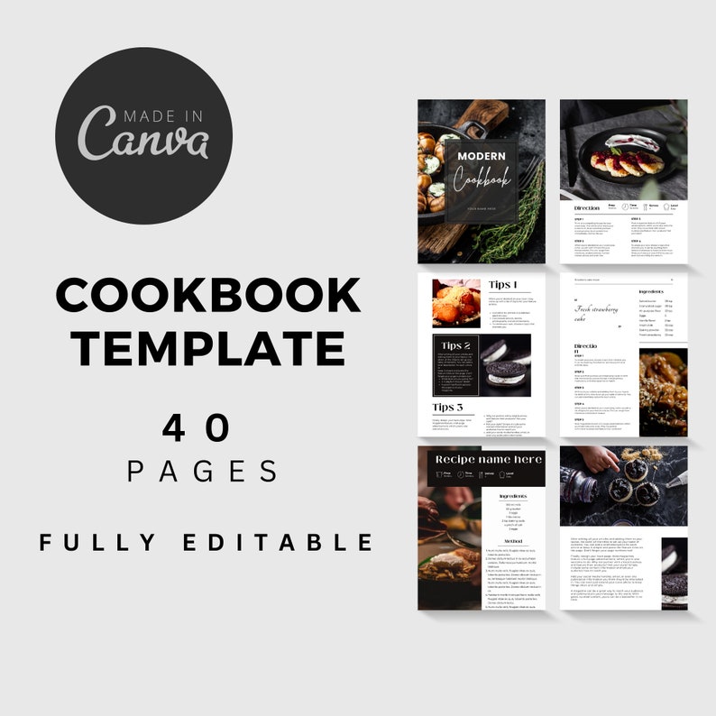 Cookbook Template, Modern Black Minimalistic Digital Cookbook Book ...
