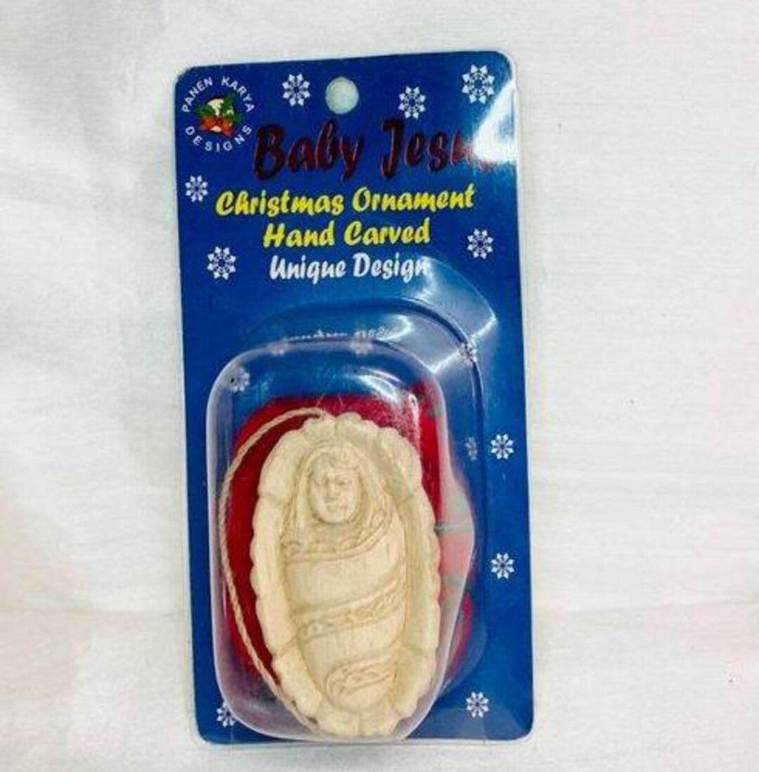 Christmas Tree Nativity Baby Jesus Ornament Hand Carved Balsa Wood With ...