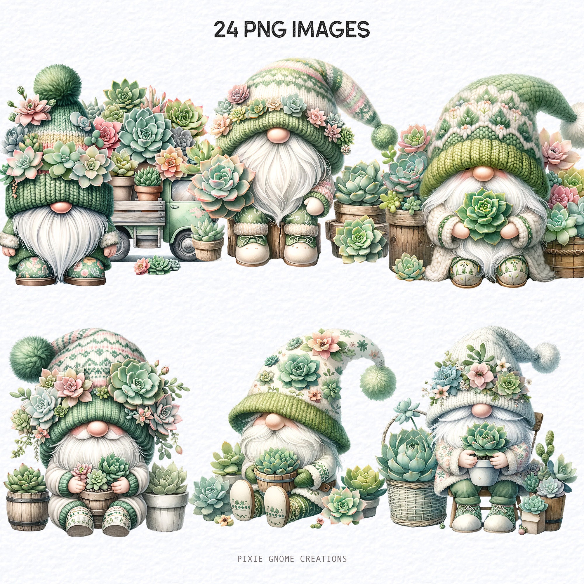 Watercolor Succulent Cactus Gnome Clipart Bundle Png, Succulent Garden ...