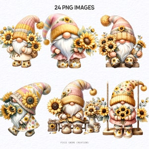 Watercolor Summer Garden Sunflowers Gnome Clipart Bundle Png, Garden ...