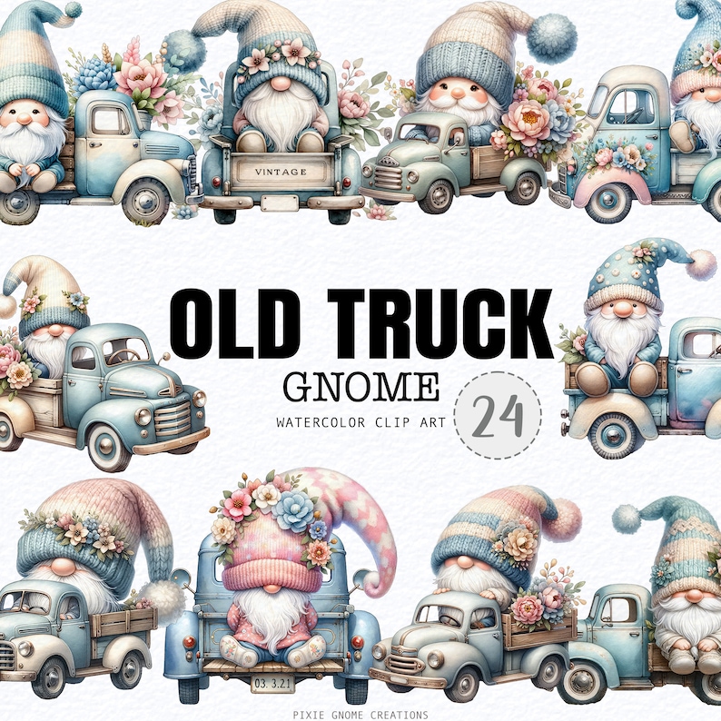 Watercolor Retro Truck Gnome Clipart PNG Bundle, Garden Gnome With ...