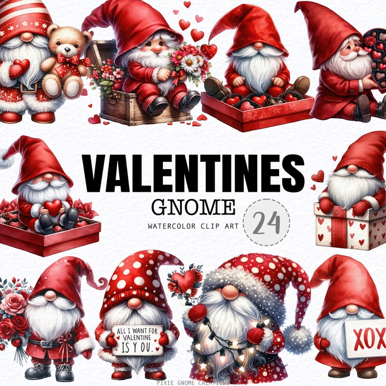 Cute Watercolor Valentines Gnomes Clipart, Valentines Day Clipart ...