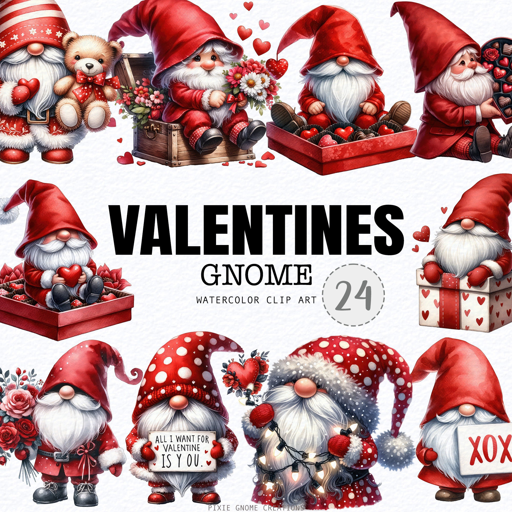 Cute Watercolor Valentines Gnomes Clipart, Valentines Day Clipart ...