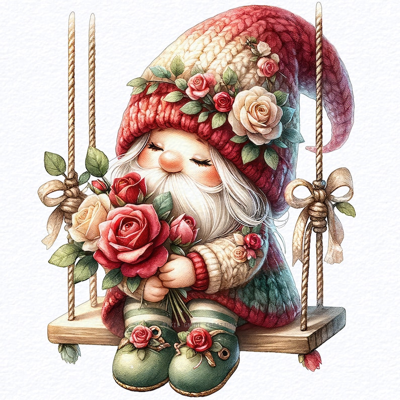 Watercolor Valentines Rose Floral Gnome Clipart PNG Bundle, Garden ...