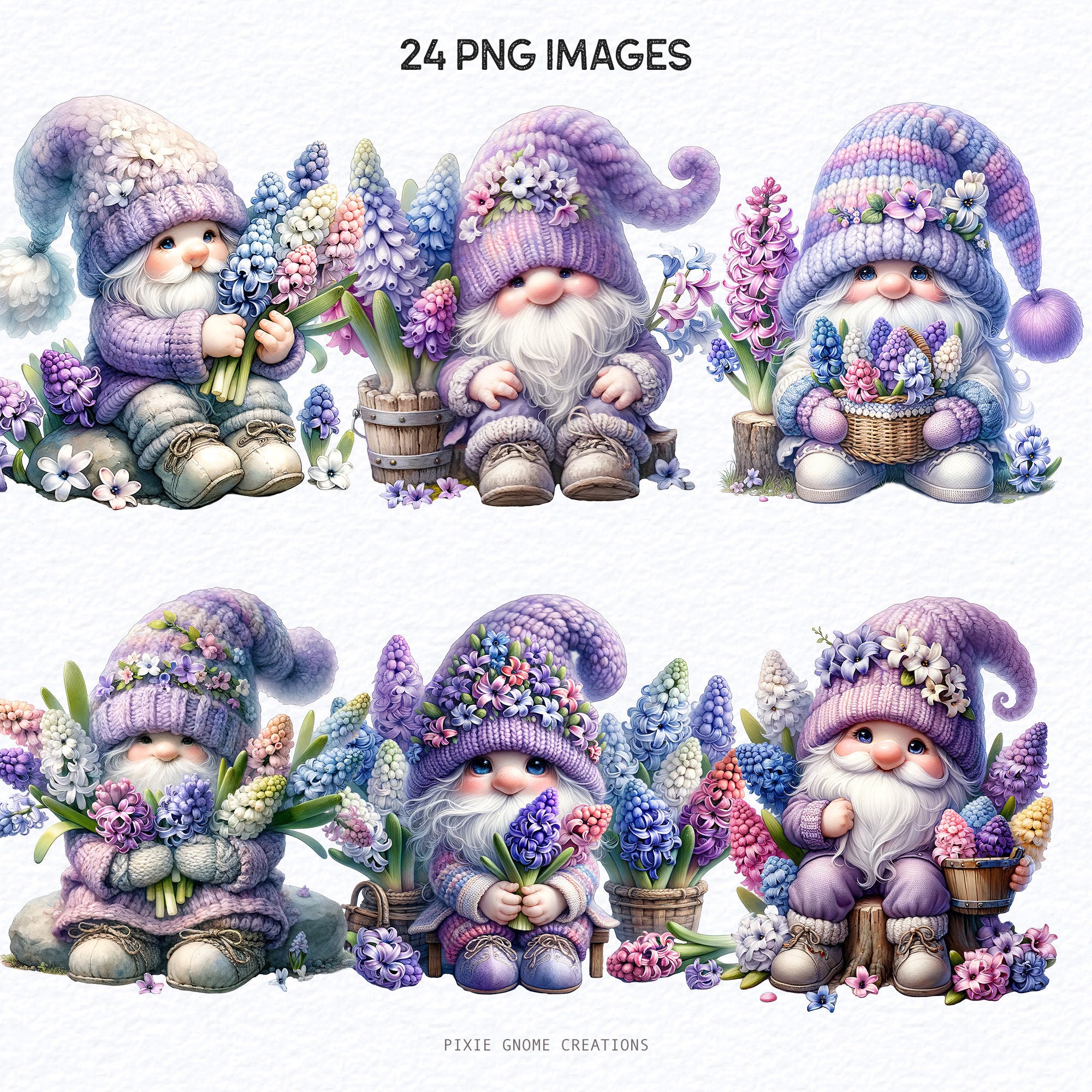 Watercolor Hyacinths Gnome Clipart Bundles, Gnome With Flowers, Clipart ...