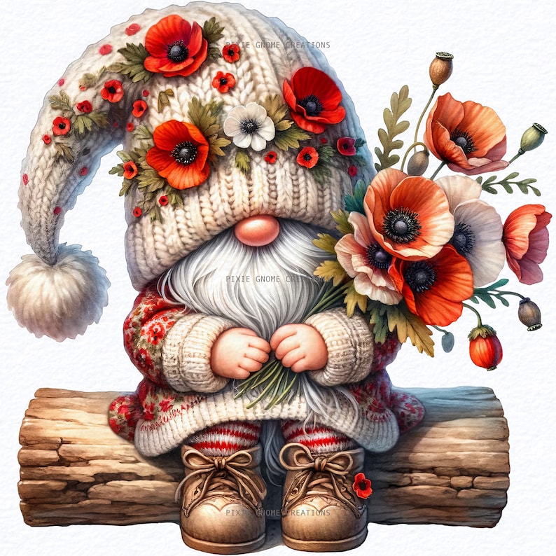 Watercolor Valentines Poppy Remembrance Floral Gnome Clipart PNG Bundle ...